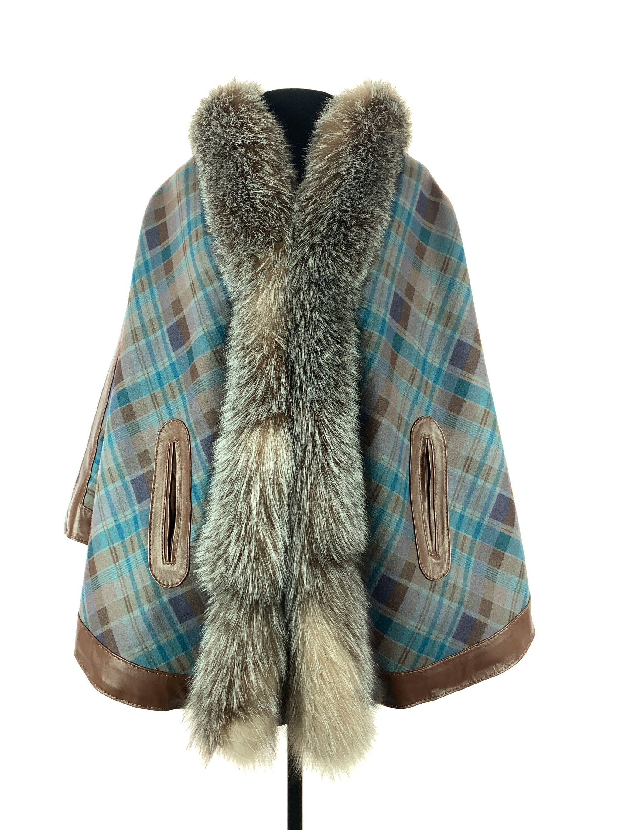 Taupe Tarten reversible poncho with crystal dyed fox trim - full ponch